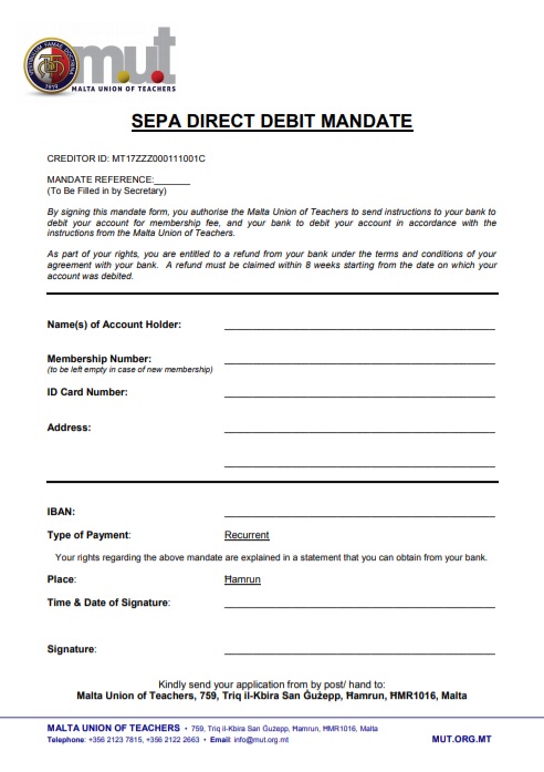 SEPA Direct Debit – Membership Fee – Malta Union of Teachers